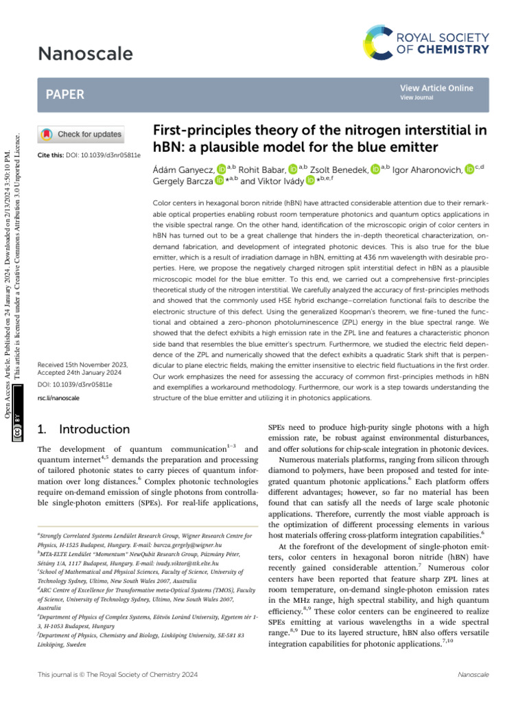 Nanoscale: First-Principles Theory of The Nitrogen Interstitial in HBN ...