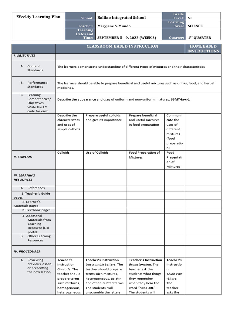 DLL - Science 6 - Q1 - W3 | PDF | Mixture | Teachers