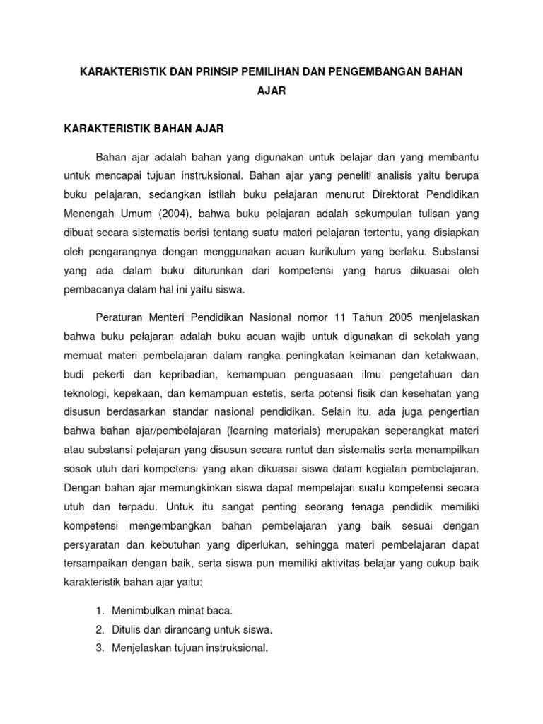 11 Karakteristik Dan Prinsip Pemilihan Dan Pengembangan Bahan Ajar