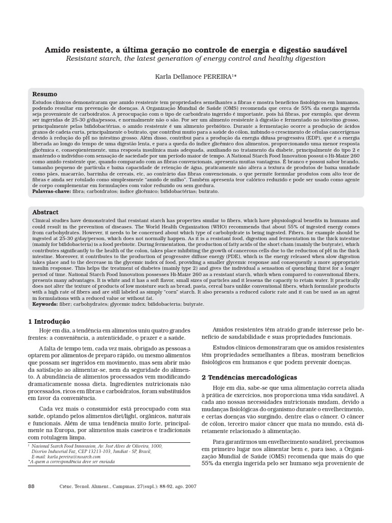 Amido Resistente: Benefícios e Saúde | PDF | Fibra alimentar | Dieta e ...