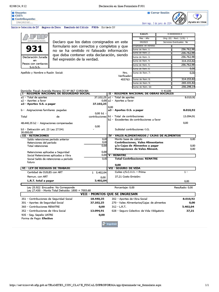 Declaración en Línea Formulario F.931 | PDF