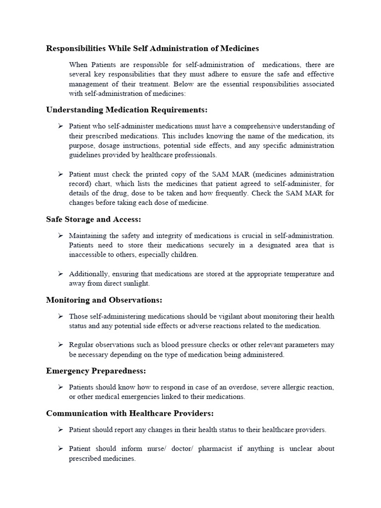 Responsibilities While Self Administration of Medicines | PDF ...