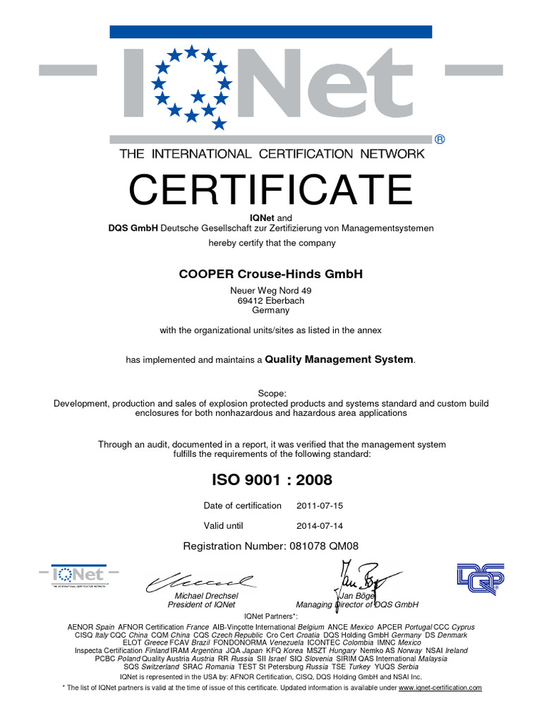 CERTIFICADO Condulet CALIDAD CROUSE HINDS IONET | Download Free PDF ...
