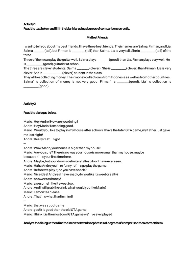 Degrees of Comparison Activities for Students | PDF | Syntax | Grammar