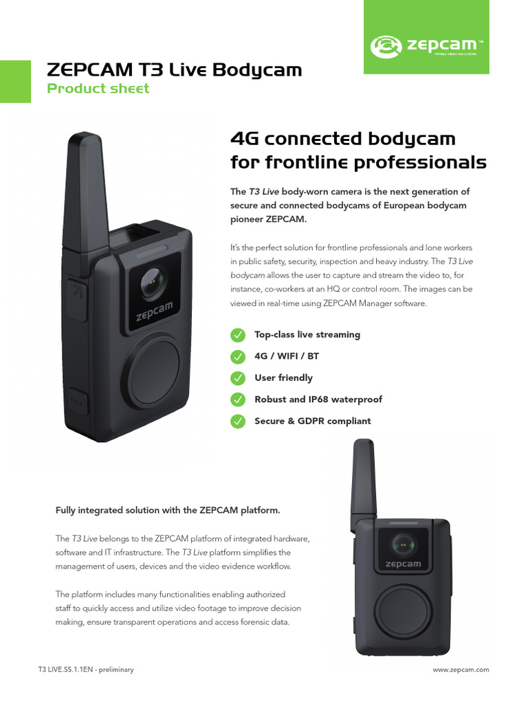Zepcam T3 Live Product Sheet - 1.1 - EN | PDF | Streaming Media | 4 G