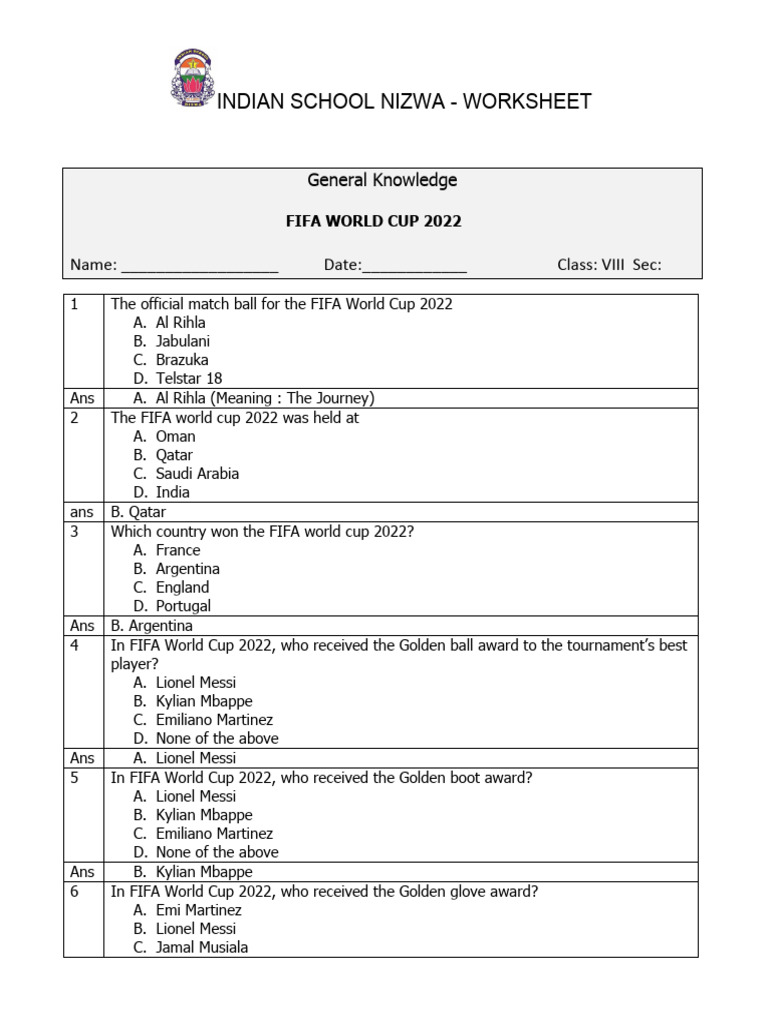 FIFA World Cup Worksheet Answer Key | PDF | Fifa World Cup | Lionel Messi