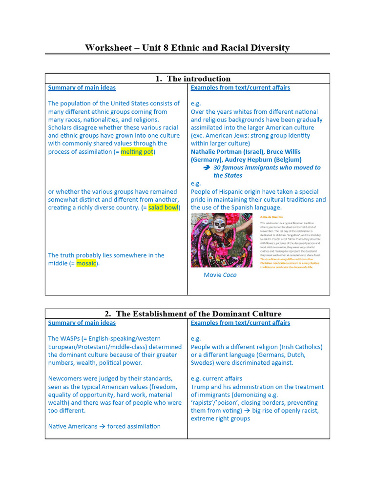 Worksheet - unit 8 - KEY | PDF | Ethnicity | Cultural Assimilation