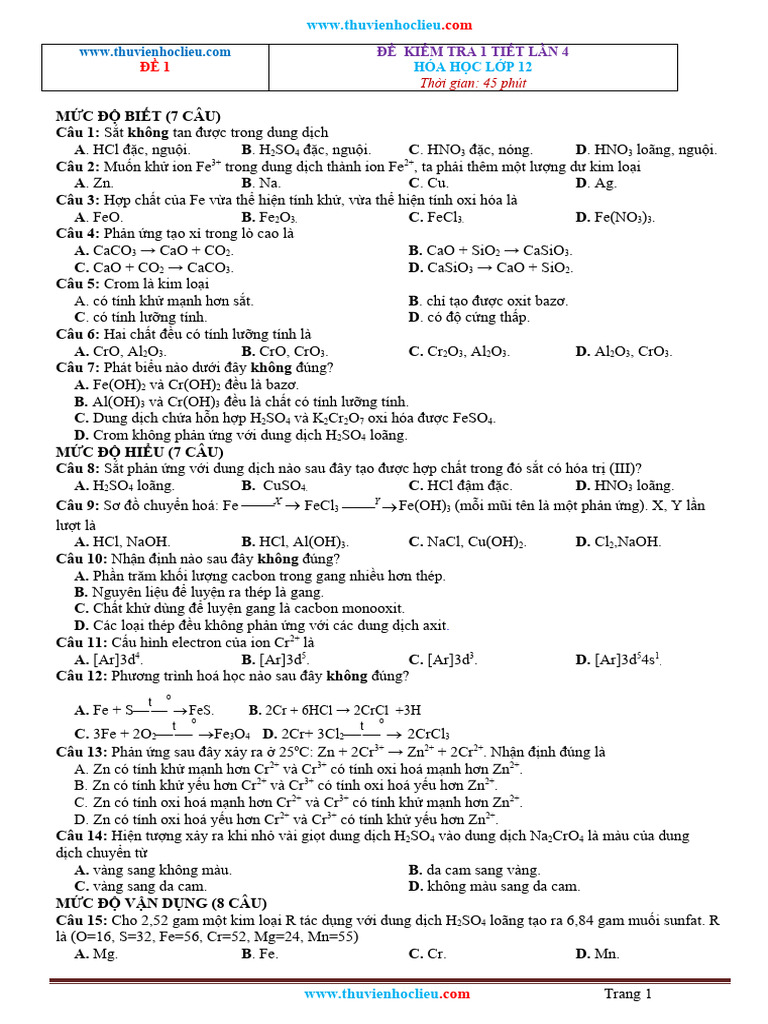 Bo de Kiem Tra 1 Tiet Hoa 12 Lan 4 | PDF