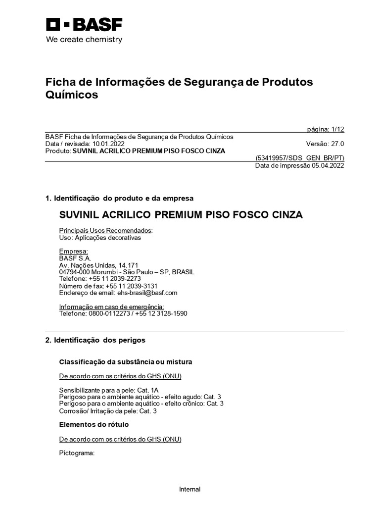 FISPQ - Tinta Suvinil Fosco Cinza | PDF | Desperdício | Águas residuais