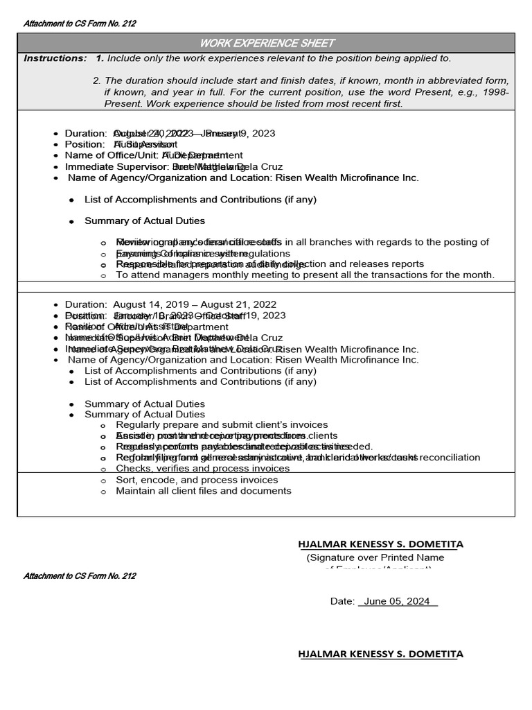 Work Experience Sheets | PDF | Financial Services | Business