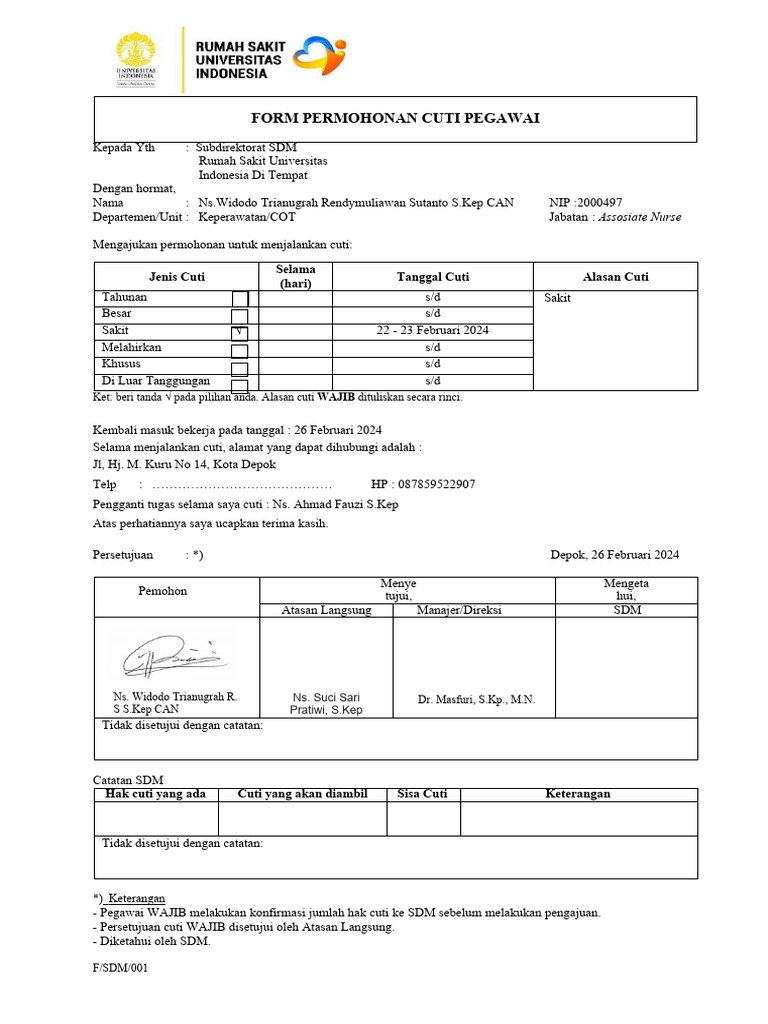 FORM CUTI PEGAWAI - Widodo 2024 Sakit Feb 2024 | PDF