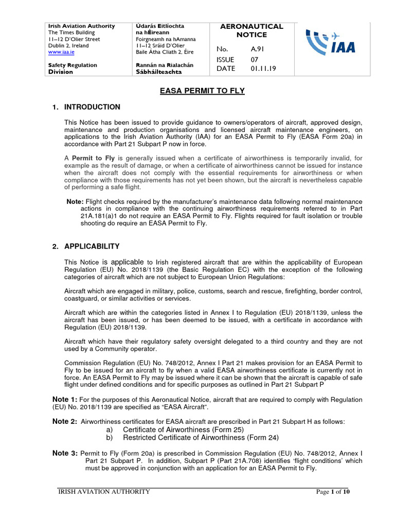 Easa Permit To Fly Irish CAA | PDF | Aircraft | Aviation