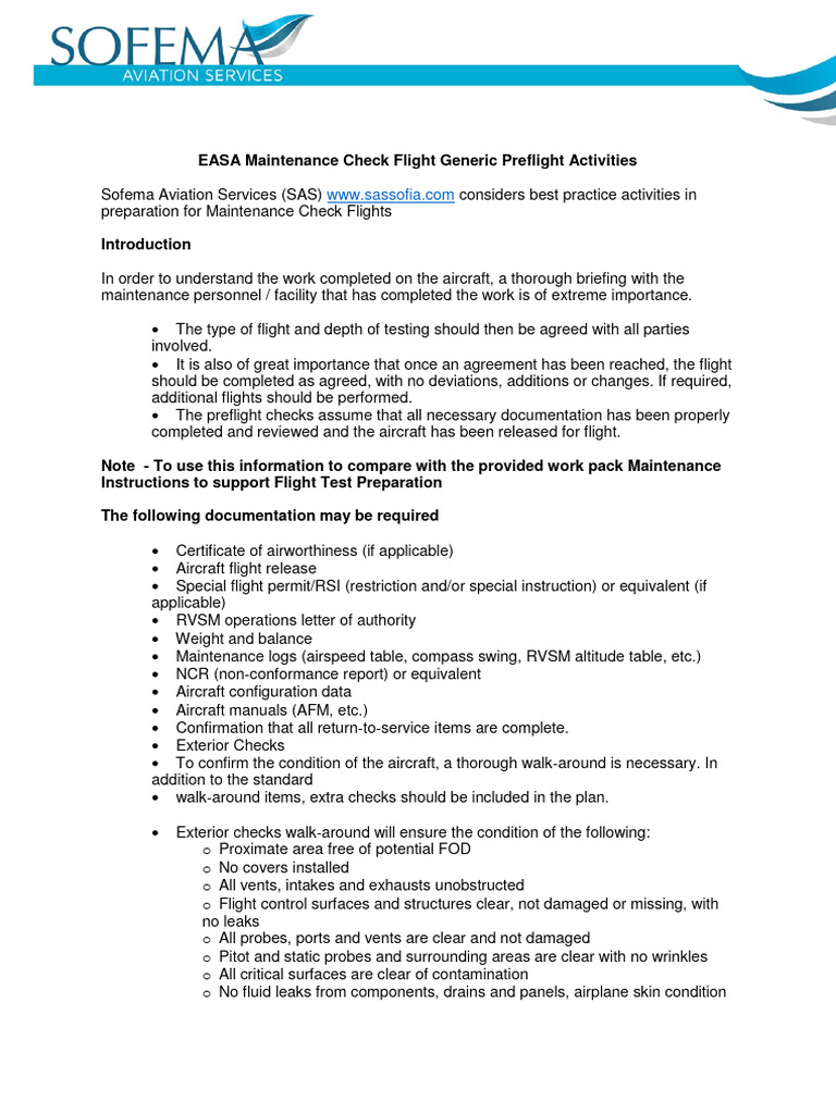 EASA Maintenance Check Flight Generic Preflight Activities | PDF ...