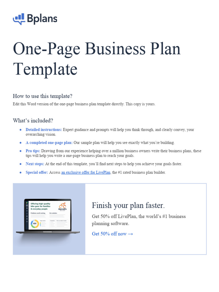 Bplans One-Page Business Plan Template | PDF | Online Shopping | Artificial Intelligence