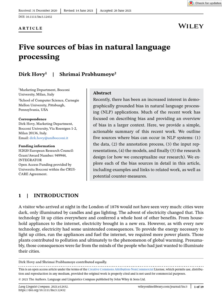 Language and Linguist Compass - 2021 - Hovy - Five Sources of Bias in Natural Language ...