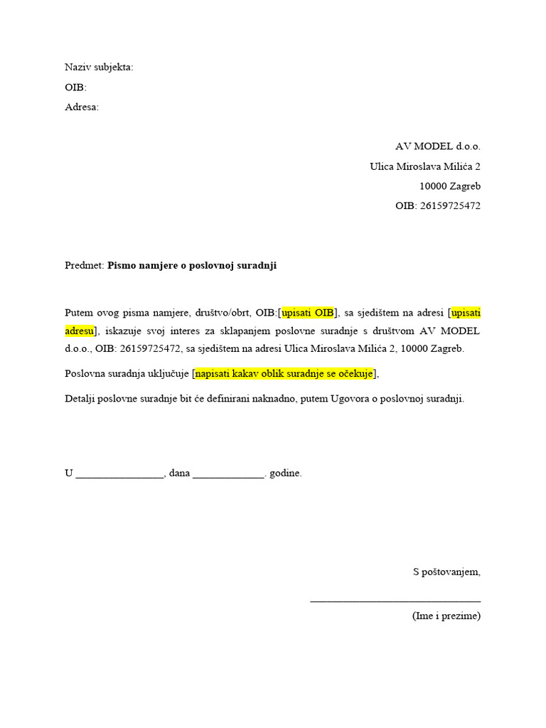 Pismo Namjere o Poslovnoj Suradnji - Špranca | PDF