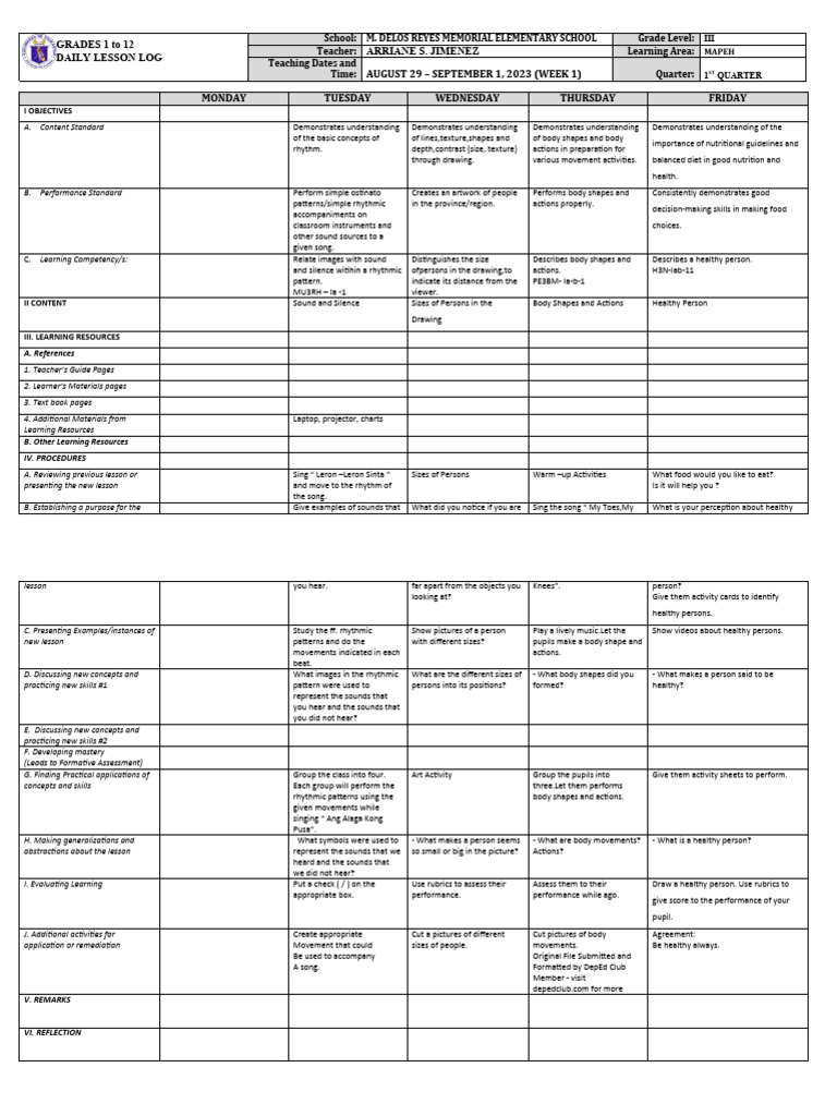DLL - Mapeh 3 - Q1 - W1 | PDF | Learning | Teachers