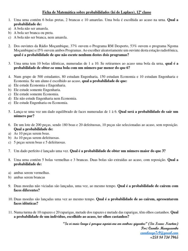 Ficha de Matemática Sobre Probabilidades 1 | PDF | Probabilidade