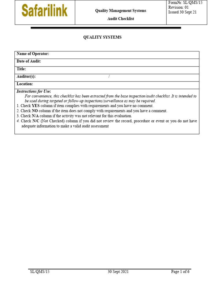 SL-QMS-15 Quality Management Systems Audit Checklist | PDF | Audit ...