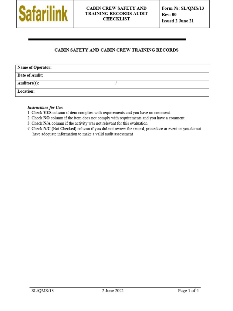 SL-QMS-13 Cabin Crew Training Records | PDF | Audit