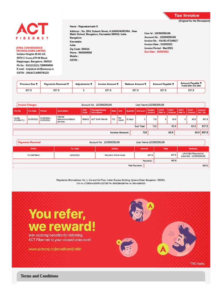 ACT Bill-Mar-2021 | PDF | Cheque | Invoice