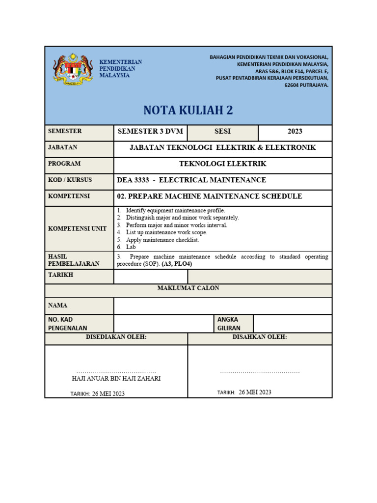 Nota K2 2023 Dea 3333 Electrical Maintenance | PDF