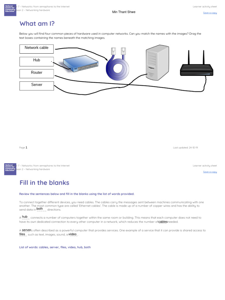 A1 Worksheet - Lesson Activities Worksheet | PDF | Computer Network ...