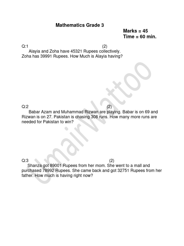 Grade 3 Mathematics Test Paper | PDF | Teaching Methods & Materials