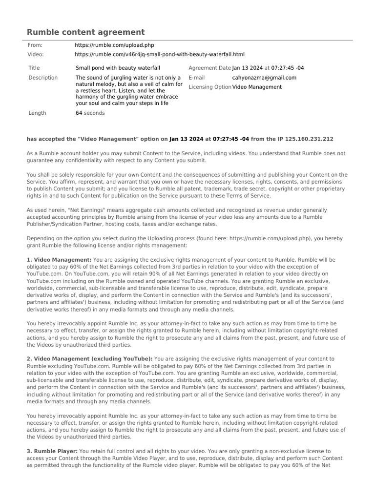 Rumble Content Agreement For Video Small Pond With Beauty Waterfall ...