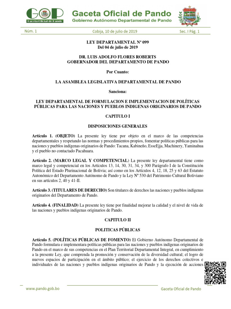 LEY-099 de Pando | PDF | Bolivia | Gobierno