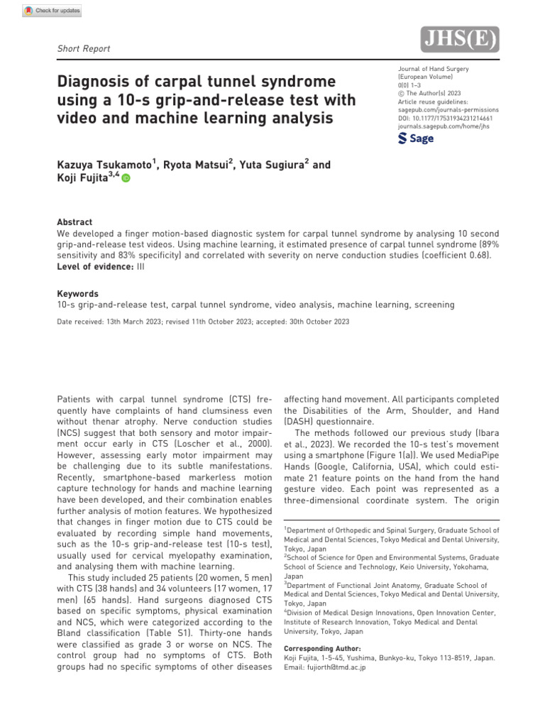 Tsukamoto Et Al 2023 Diagnosis of Carpal Tunnel Syndrome Using A 10 S ...