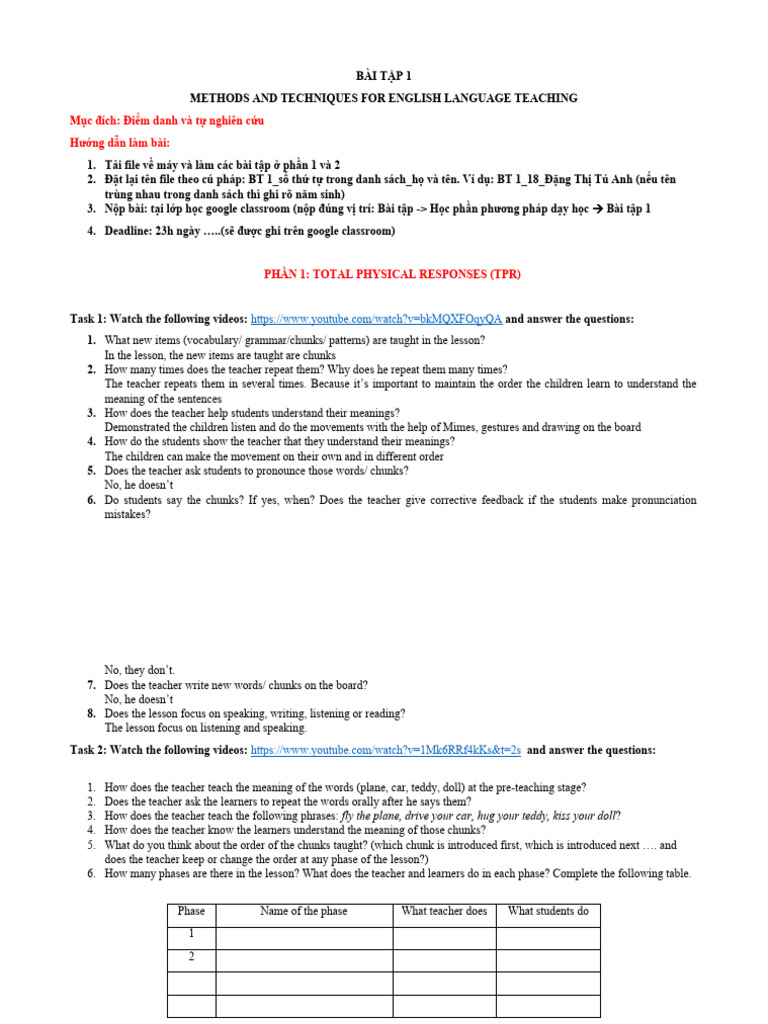 BÀI TẬP 1 - TPR and TBL | PDF | Cognitive Science | Language Acquisition