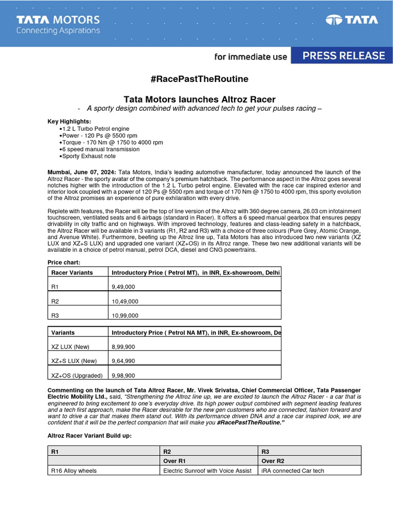 Press-Release-Tata Motors Launches Altroz Racer-V3 | PDF | Automotive ...