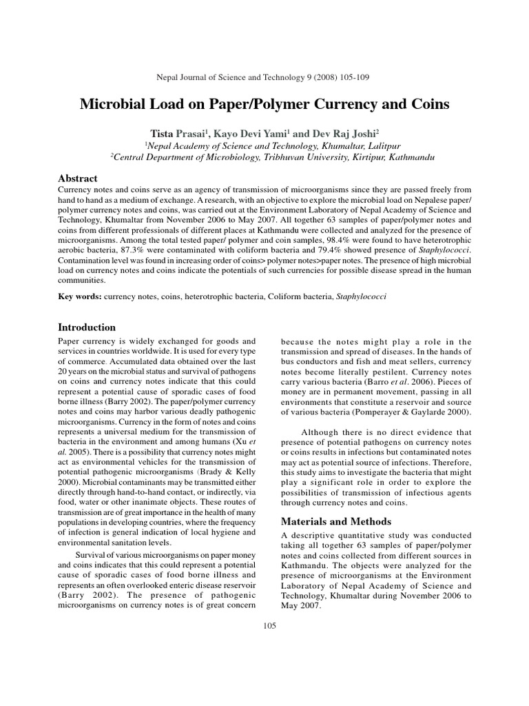 Microbial Load On Paper/Polymer Currency and Coins: Tista | PDF ...