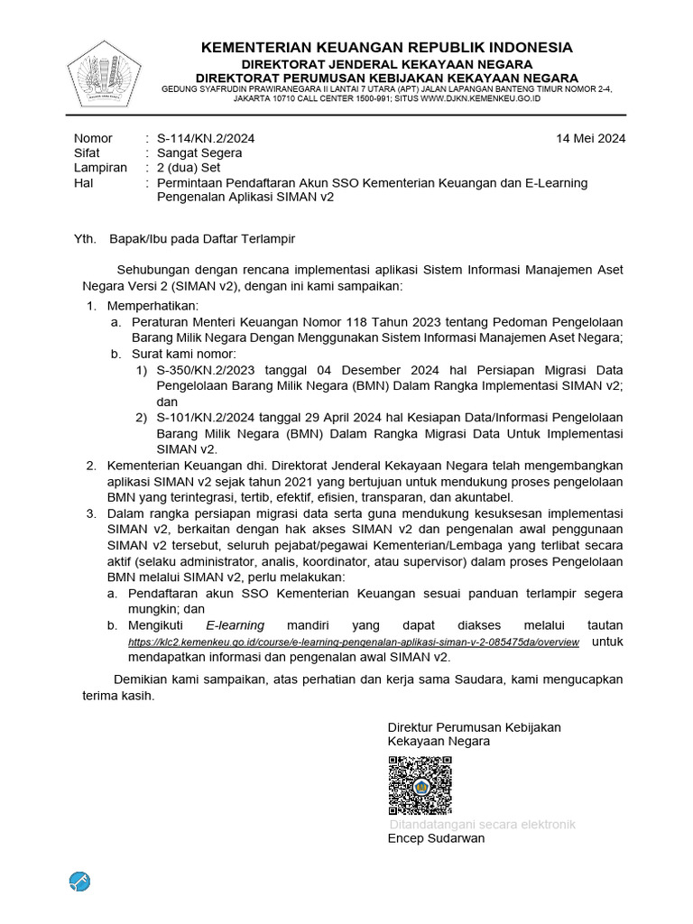 Lampiran III S 114 KN.2 2024 Permintaan Pendaftaran Akun SSO Kementerian Keuangan Dan E Learning ...