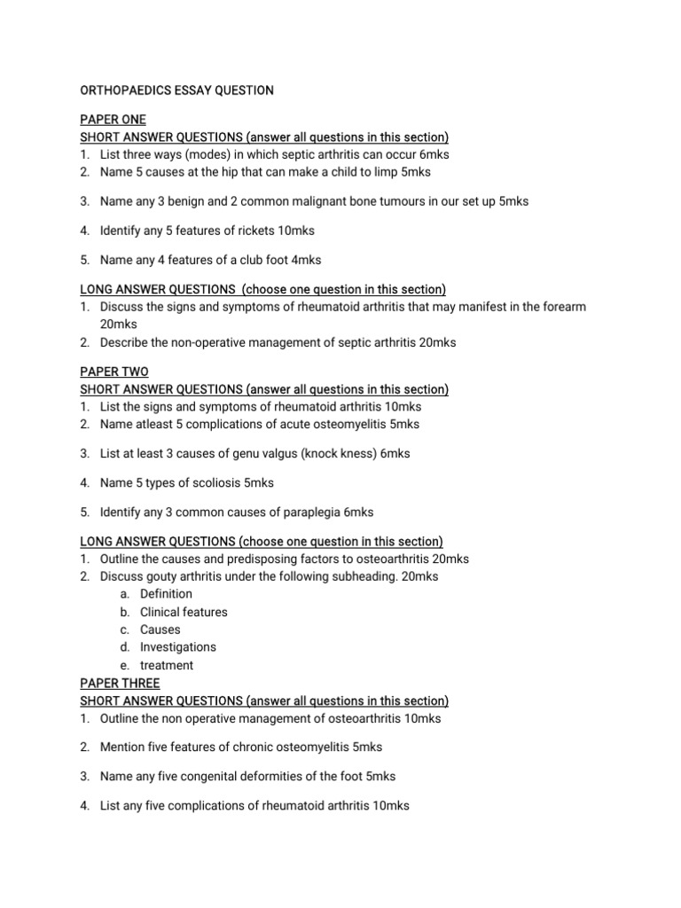 Orthopaedics Essay Question-1 | PDF | Science & Mathematics