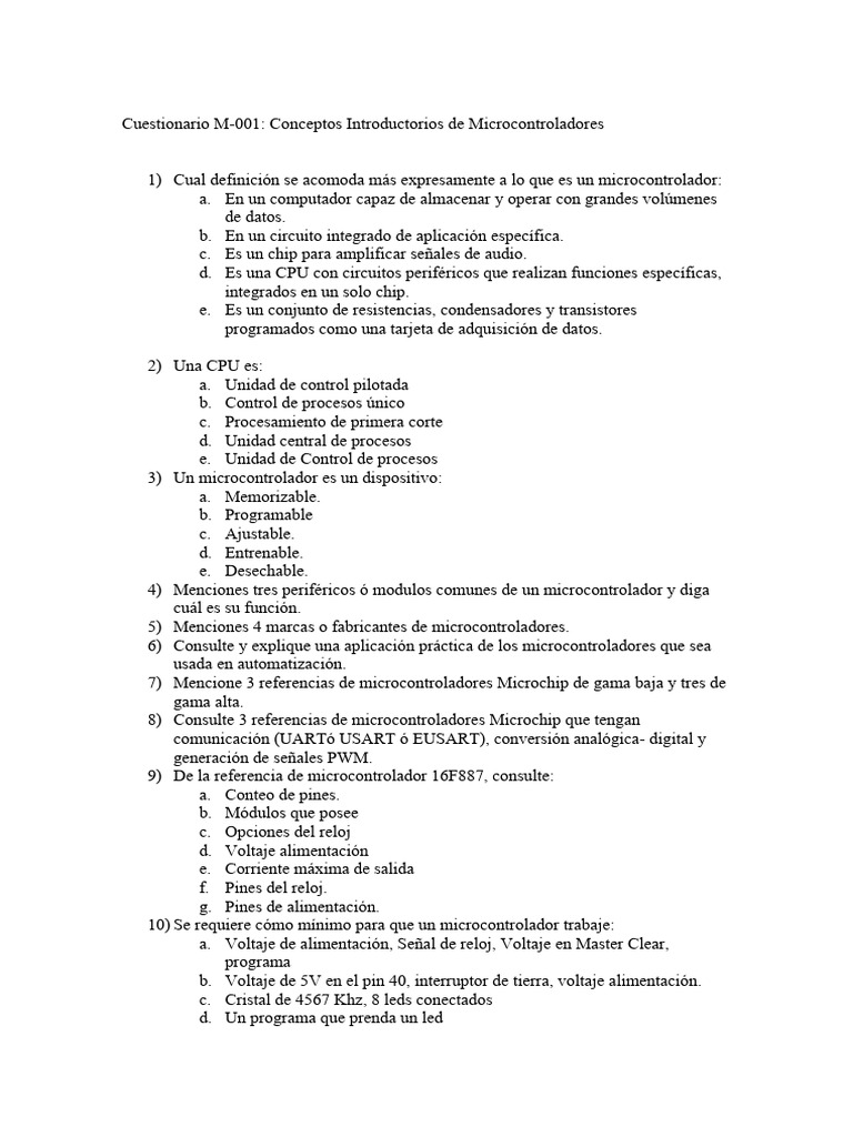 Cuestionario Básico de Microcontroladores | PDF | Microcontrolador | Circuito integrado