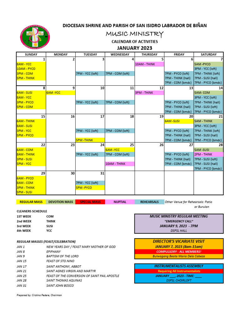 January 2023 Music Ministry Schedule | PDF | Catholic Liturgy ...
