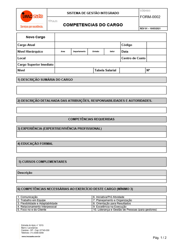 FORM 0002.r01 Perfil de Competencias Do Cargo | PDF | Gestão de ...