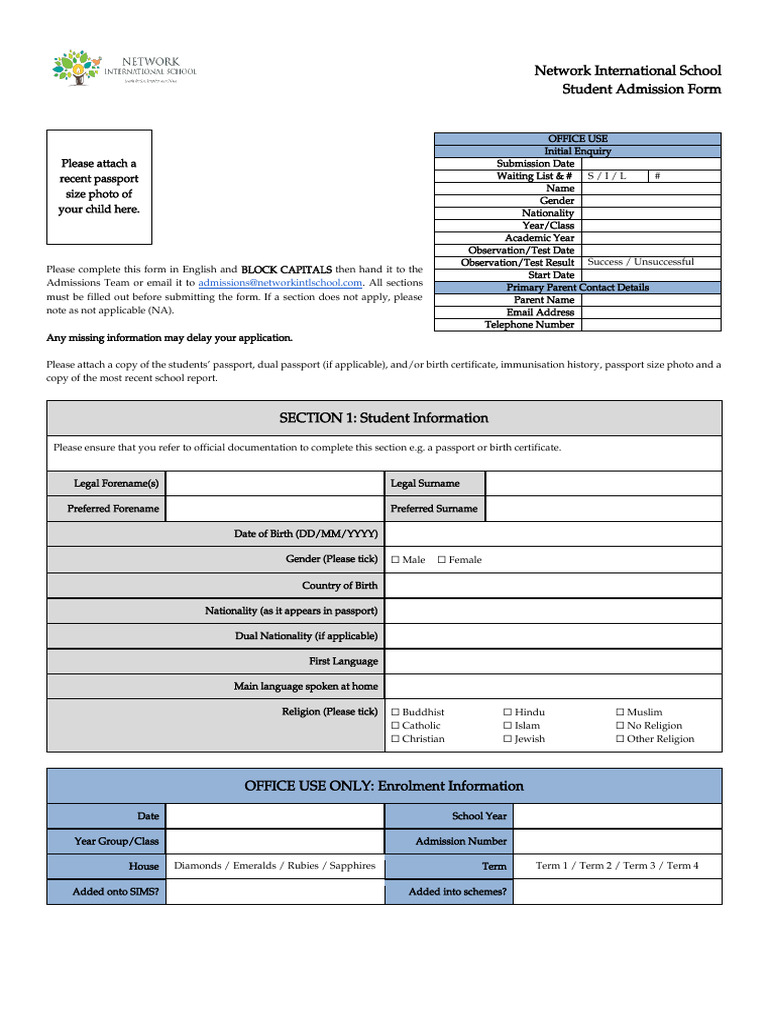 Work International School - Student Admission Form 2021 (Fillable ...