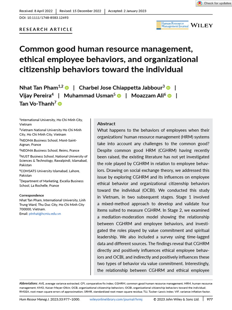 Common Good HRM and Employee Ethics | PDF | Leadership | Employment