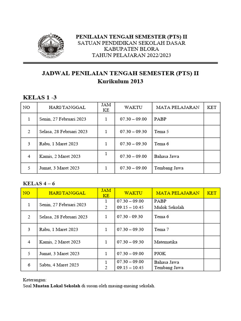 Jadwal PTS SD Blora 2023 | PDF