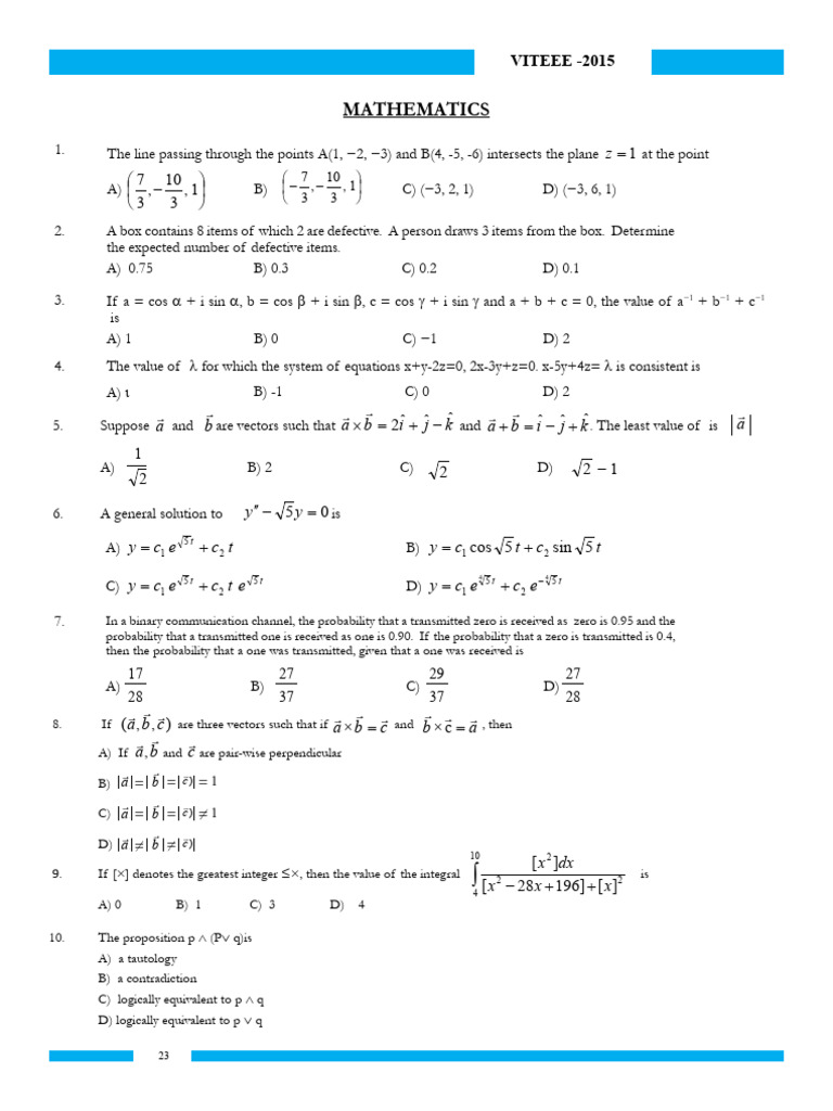 Vitmee Previous Question Paper | PDF | Mathematical Concepts ...