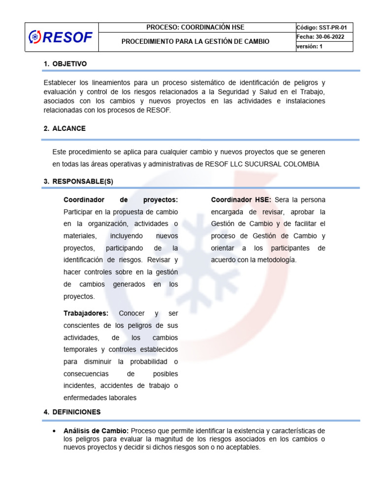 SST-PR-01 Procedimiento para La Gestion de Cambio | PDF | Tecnología