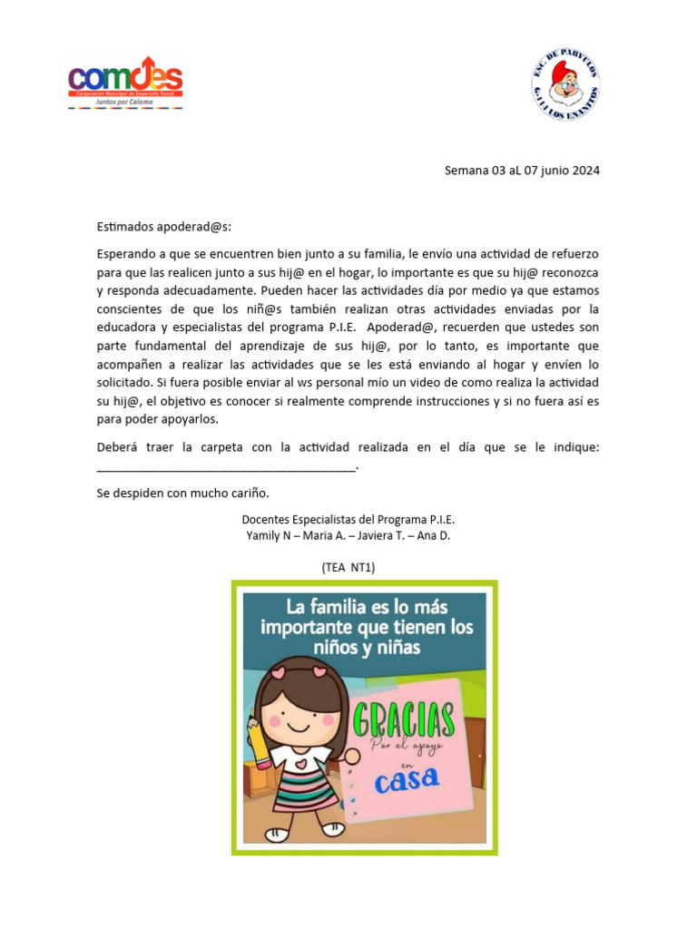 Refuerzo Tea NT1 Sem 3 Al 7 Junio 2024 | PDF
