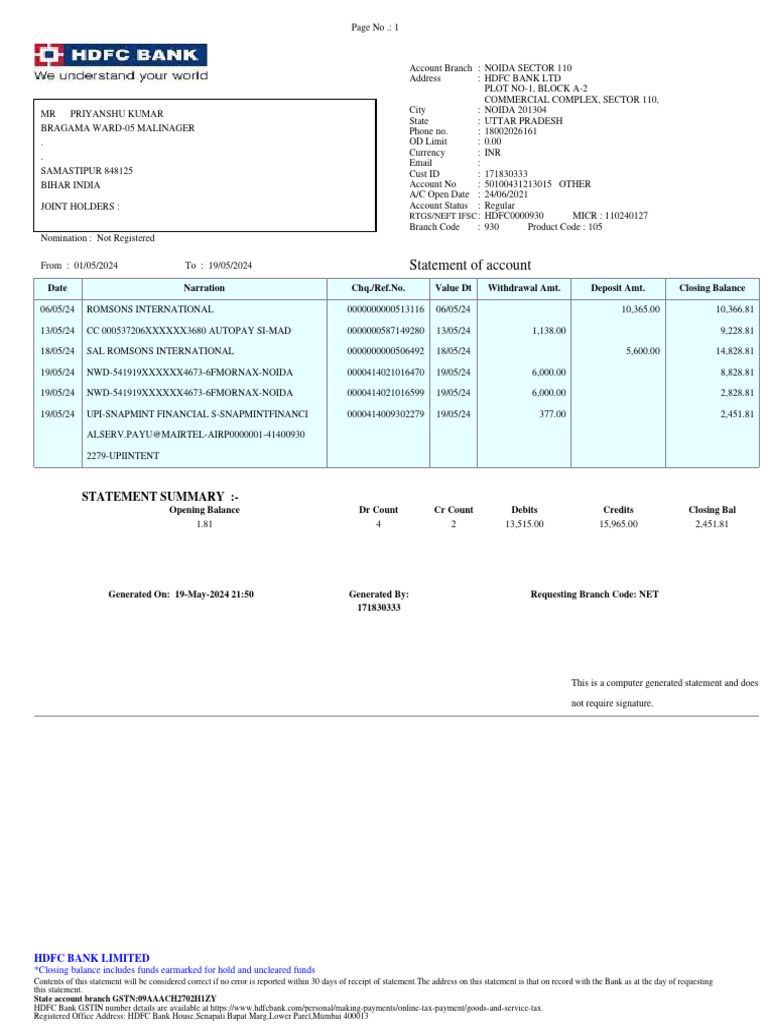 Acct Statement - XX2130 - 19052024 | PDF | Personal Finance | Financial ... Acct Statement - XX2130 - 19052024 | PDF | Personal Finance | Financial ...