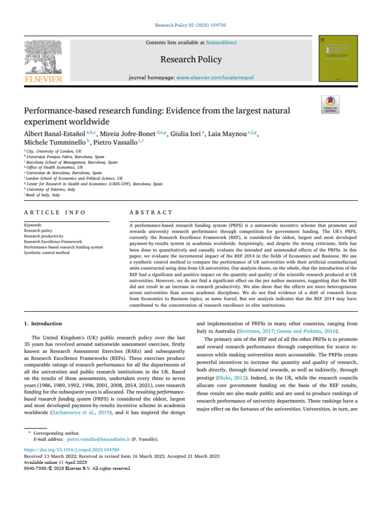 2023 - Performance-Based Research Funding. Evidence From The Largest ...