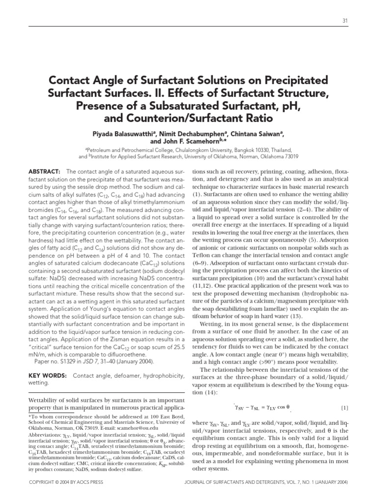 Contact Angle of Surfactant Solutions On Precipitated Surfactant Surfaces. II. Effects of ...