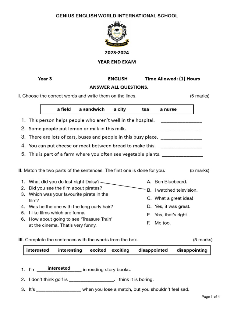 Year 3 English Year-End Exam 2023 | PDF | Games & Activities | Language ...