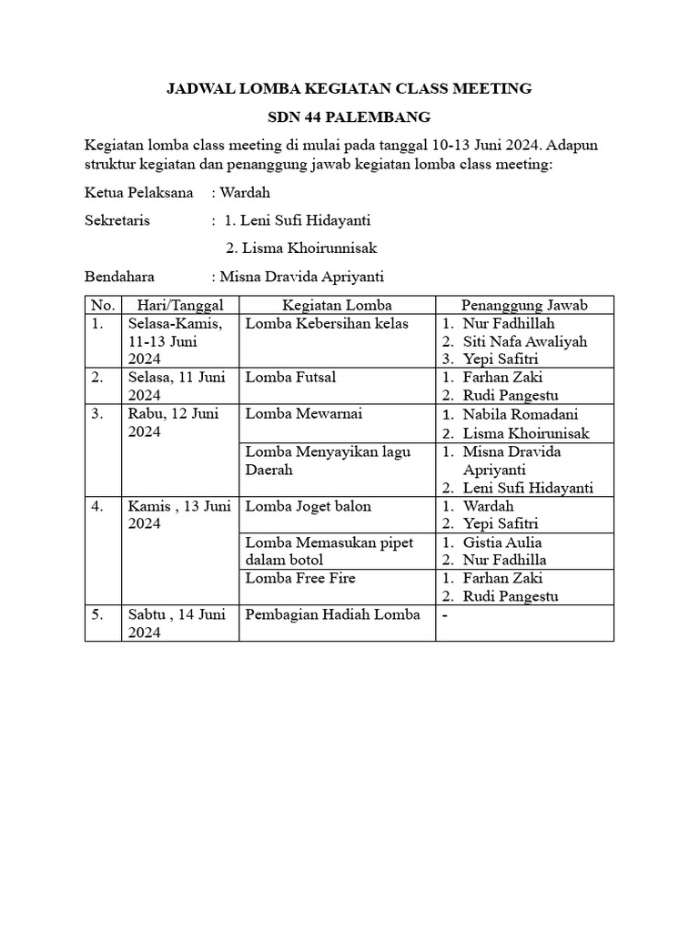 Jadwal Lomba Kegiatan Class Meeting | PDF